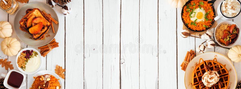 Fall Breakfast or Brunch Buffet Double Border Against a White Wood ...