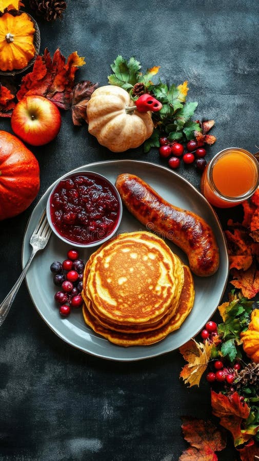 Fall Breakfast, Pancakes, Sausage, and Cranberry Sauce Stock ...