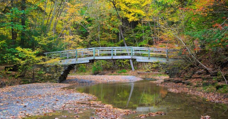 Wooden Bridge Over Small River, Surrounded by Autumn Foliage on Trees ...