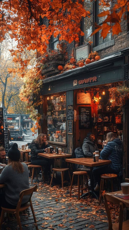 Fall Cafe Terrace with Autumn Leaves Photo Stock Illustration ...