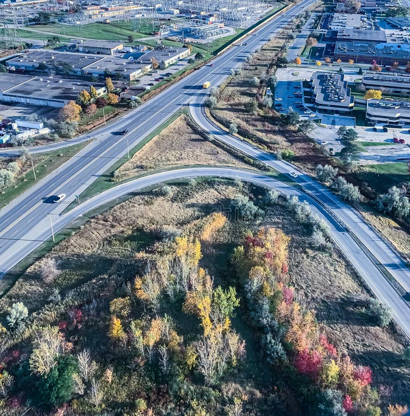 Fall in the City. Aerial View of Fall Colors at a Road Intersection in ...