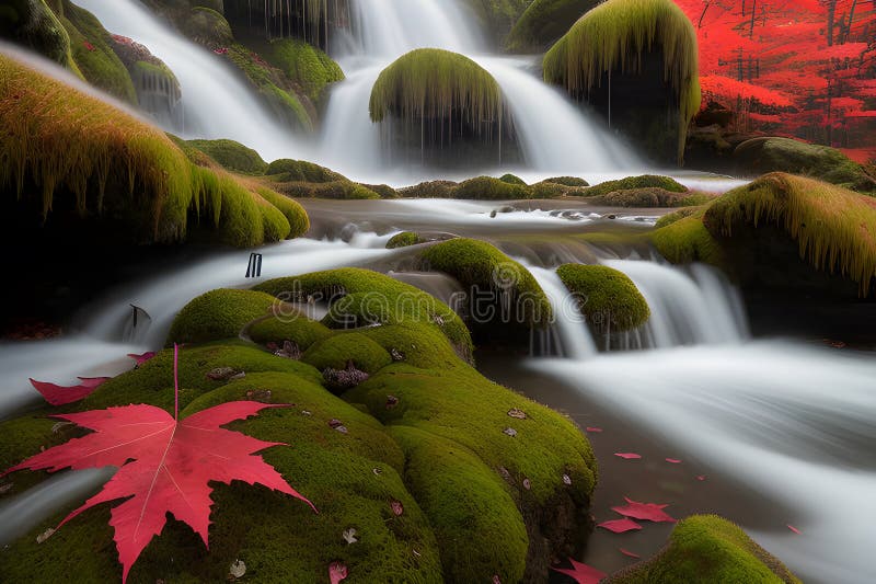 A Fall Color, Waterfall in the Autumn Stock Illustration - Illustration ...