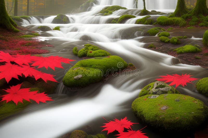 A Fall Color, Waterfall in the Autumn Stock Illustration - Illustration ...