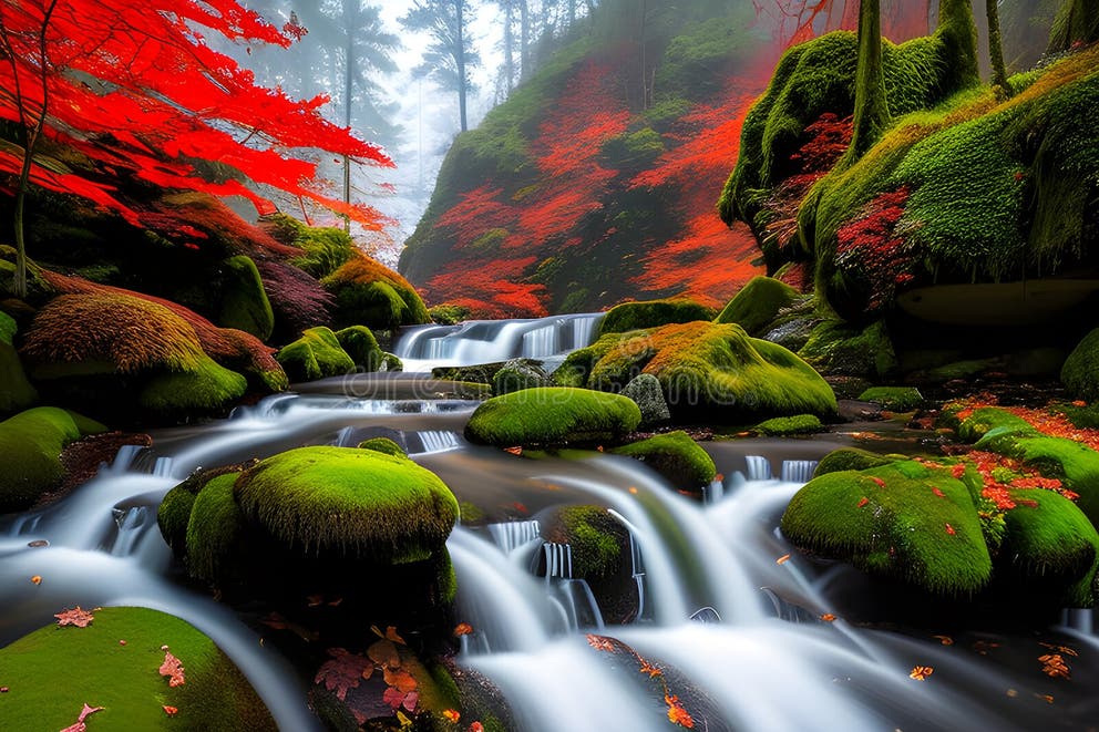 A Fall Color, Waterfall in the Autumn Stock Illustration - Illustration ...