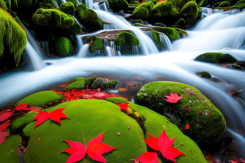 A Fall Color, Waterfall in the Autumn Stock Illustration - Illustration ...