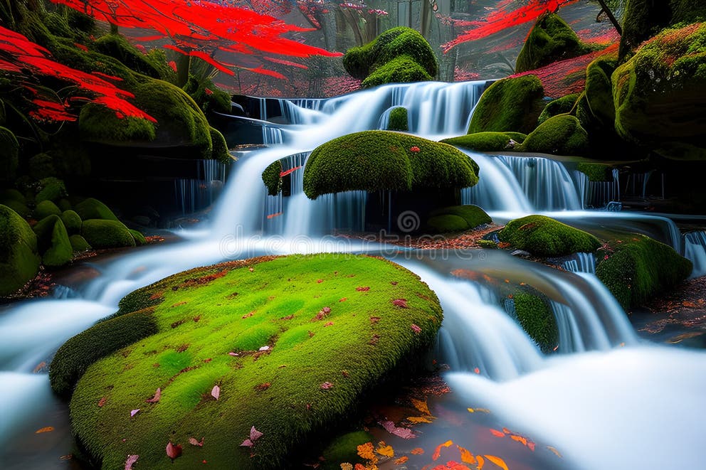 A Fall Color, Waterfall in the Autumn Stock Illustration - Illustration ...