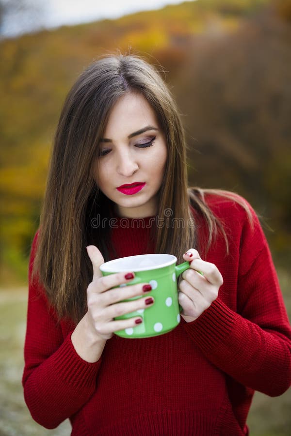 Fall Concept - Autumn Woman Drinking Coffee on Park Bench Under Stock ...