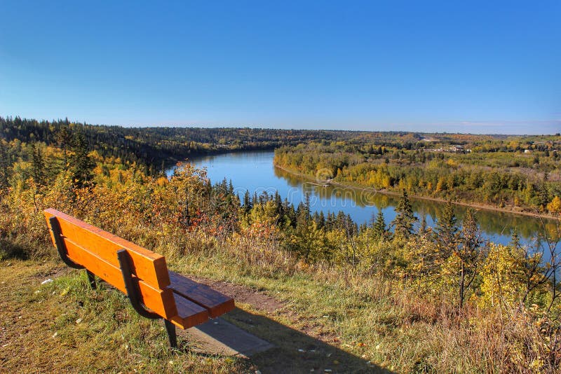 Fall Day Overlooking the River Valley Stock Photo - Image of bench ...