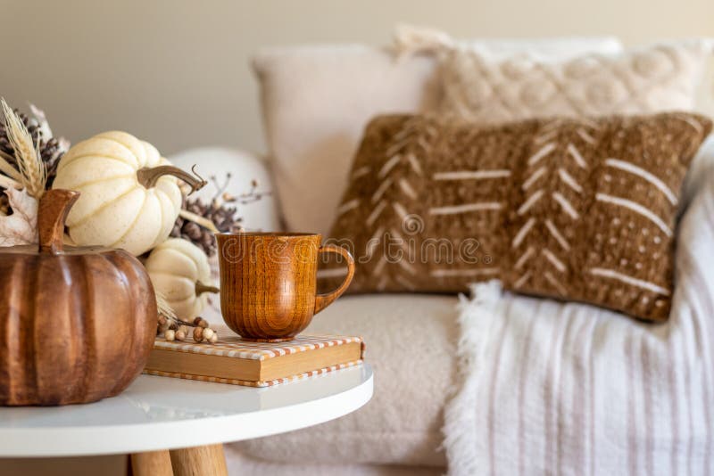 Fall Decor on a Coffee Table in a Cozy Home Stock Image - Image of ...