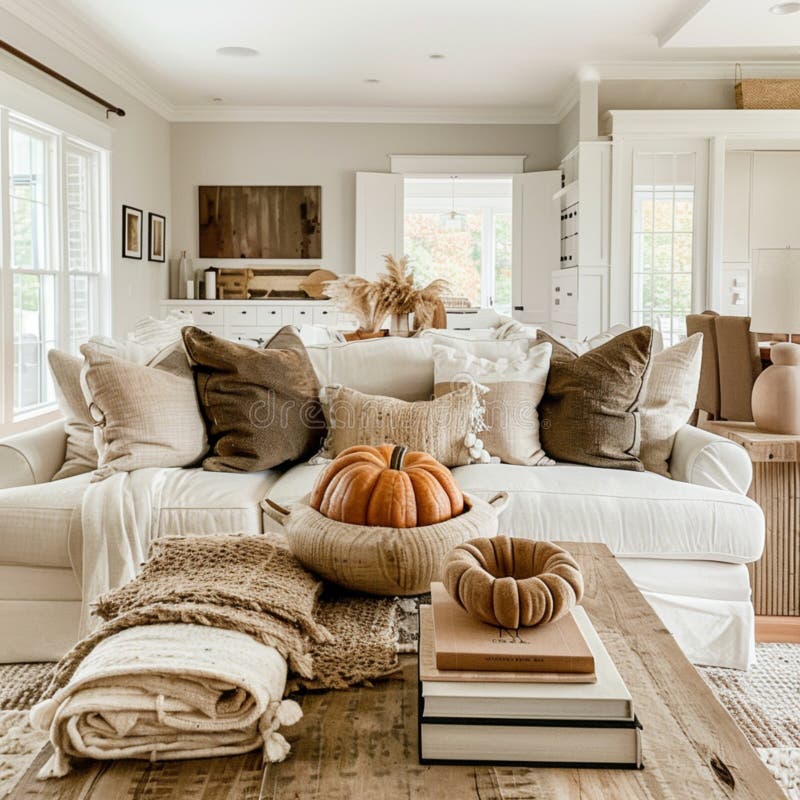 Fall Decor in a Neutral Living Room Setting Stock Illustration ...