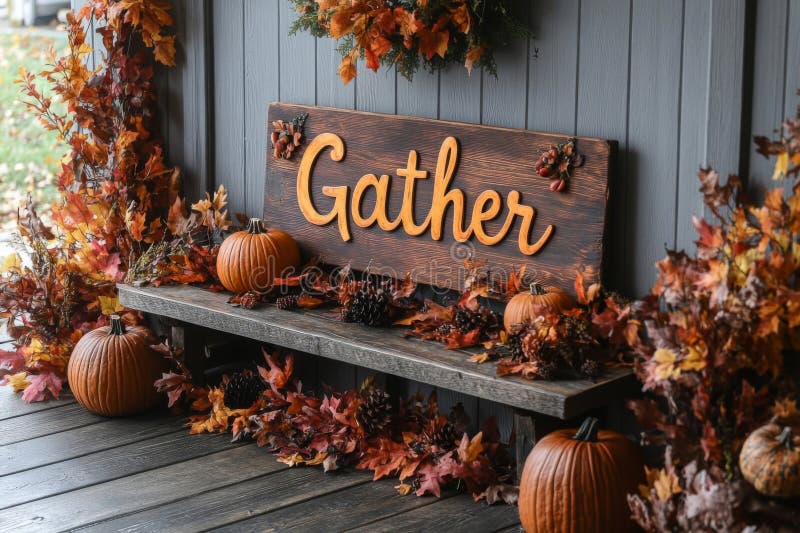 Fall Decorated Bench with "Gather" Sign and Pumpkins Stock Illustration ...