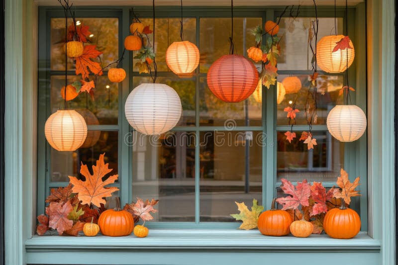 Fall Decorated Window with Lanterns and Pumpkins Stock Illustration ...