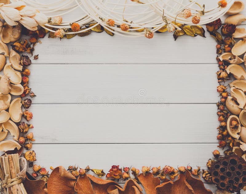 Fall Decoration Handmade Frame on White Wood Background Copy Space ...