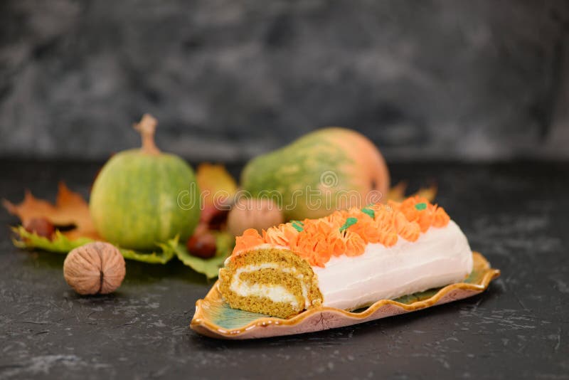 Fall Dessert Pumpkin Roll with Cream Cheese. Bakery, Frosting Stock ...