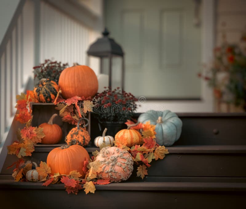 Fall Displayed with Pumpkins and Autumn Leaves on Front Steps Stock ...