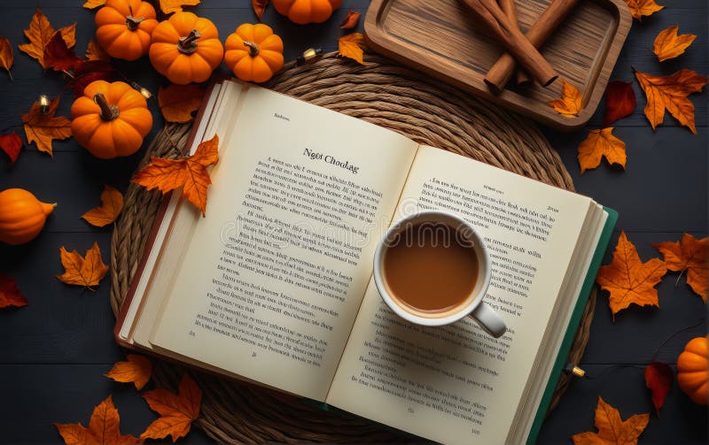 Fall Flatlay: an Open Book with a Cup of Coffee or Tea, Fall Leaves ...