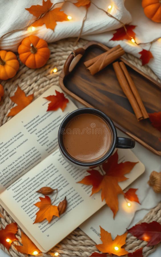Fall Flatlay: an Open Book with a Cup of Coffee or Tea, Fall Leaves ...