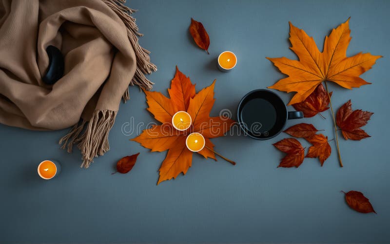 Fall Flatlay: an Open Book with a Cup of Coffee or Tea, Fall Leaves, Mini Pumpkins and Cinnamon ...