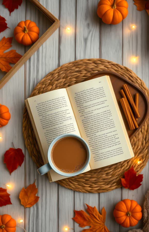 Fall Flatlay: an Open Book with a Cup of Coffee or Tea, Fall Leaves, Mini Pumpkins and Cinnamon ...