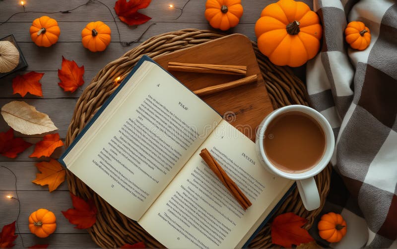 Fall Flatlay: an Open Book with a Cup of Coffee or Tea, Fall Leaves, Mini Pumpkins and Cinnamon ...