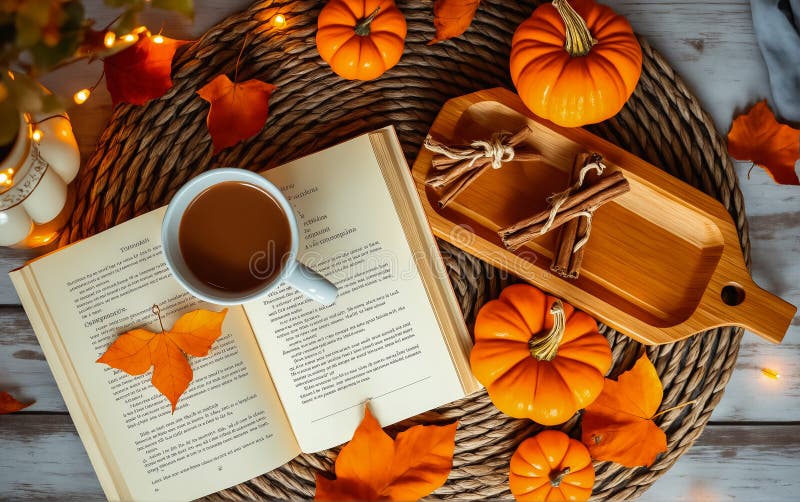 Fall Flatlay: an Open Book with a Cup of Coffee or Tea, Fall Leaves ...