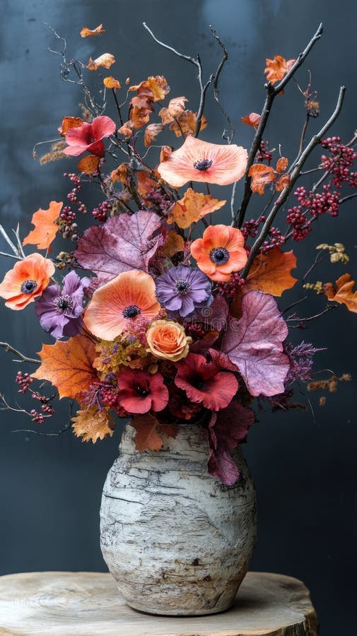 Fall Floral Arrangement in a Rustic Vase - Photo Stock Illustration ...
