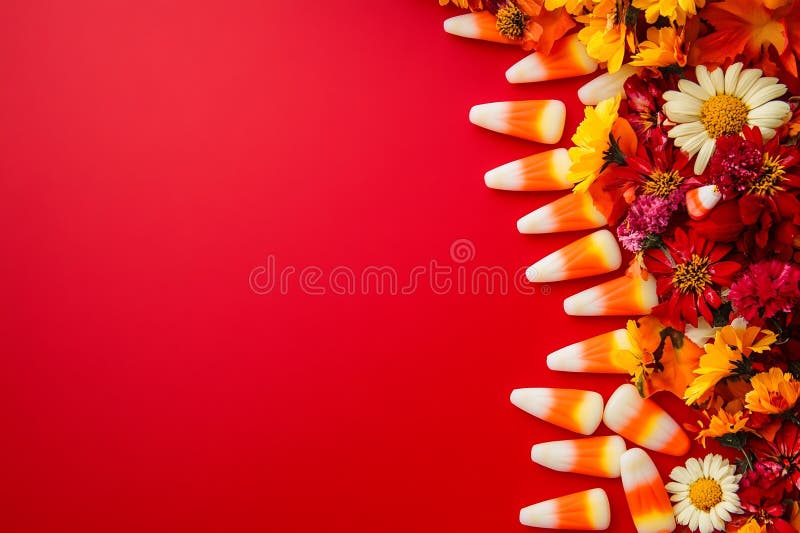 Fall Flowers and Candy Corn on a Vibrant Orange Background for a ...