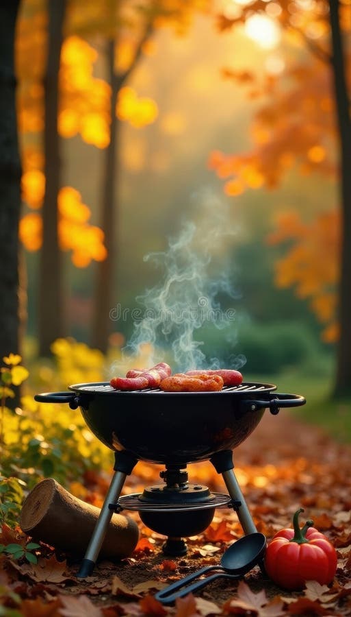 Fall Foliage Backdrop with BBQ Grill and Utensils , Leaves, Fork Stock ...
