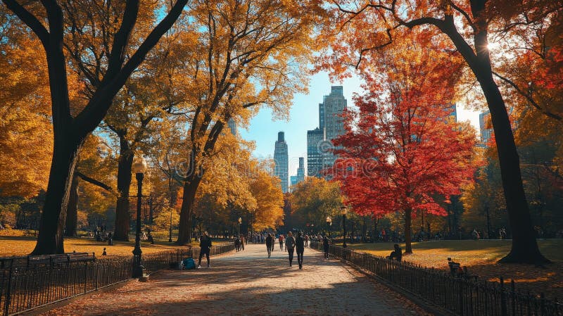 Fall Foliage and City Skyline in a Park with People Walking on a Path ...