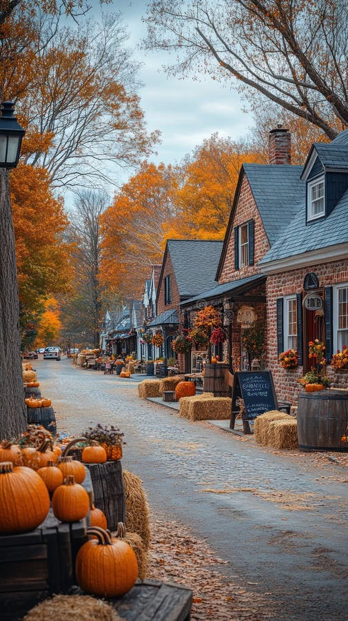 Fall Foliage Cobblestone Street and Brick Buildings with Pumpkins Stock ...