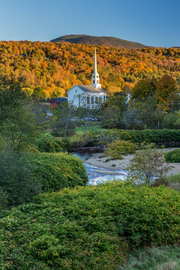 Fall Foliage Landscape and Church in Stowe, Vermont Stock Image - Image ...