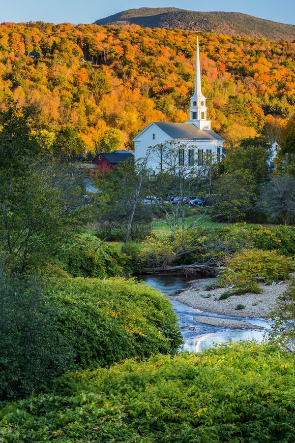 Fall Foliage Landscape and Church in Stowe, Vermont Stock Image - Image ...