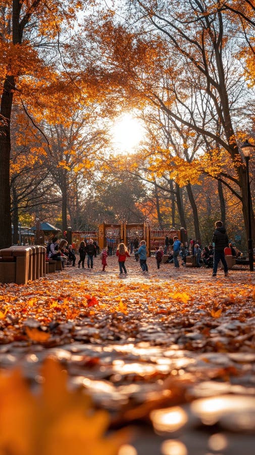 Fall Foliage Landscape with Sun Shining through Trees and Kids Playing ...