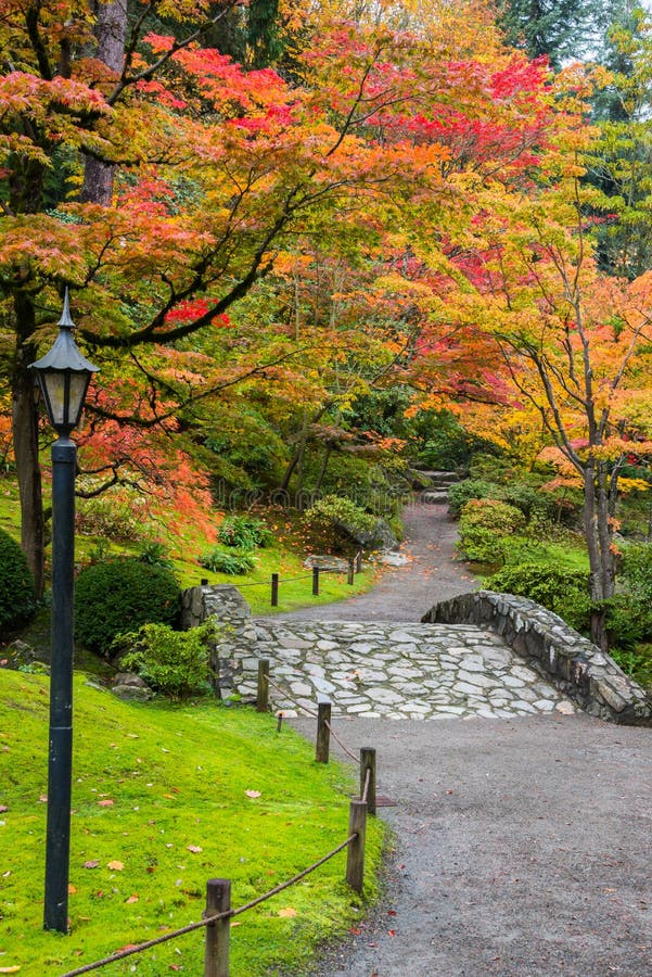 Fall Color Landscape with Stone Bridge and Walking Path Stock Photo ...