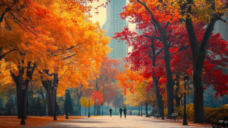 Fall Foliage and Walkers in an Urban Park Stock Illustration ...