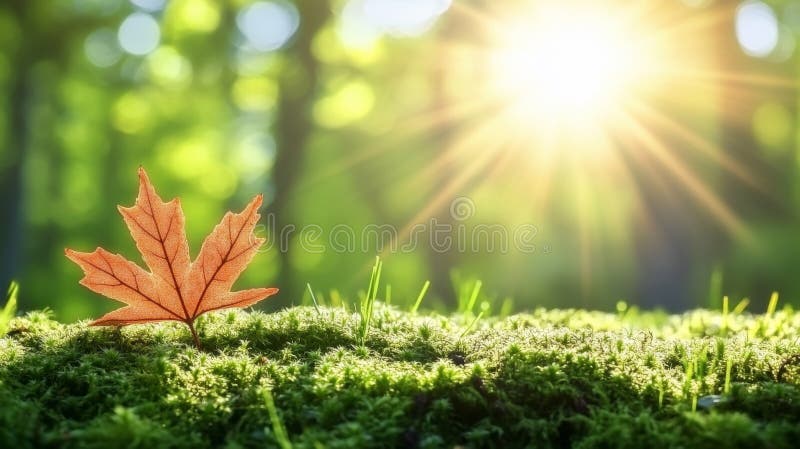 In a Fall Forest, a Bright Red Leaf Shines on Moss Bathed in Sunlight ...