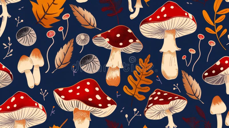 Fall Forest Print Pattern, Seamless Background with Mushrooms. Autumn ...
