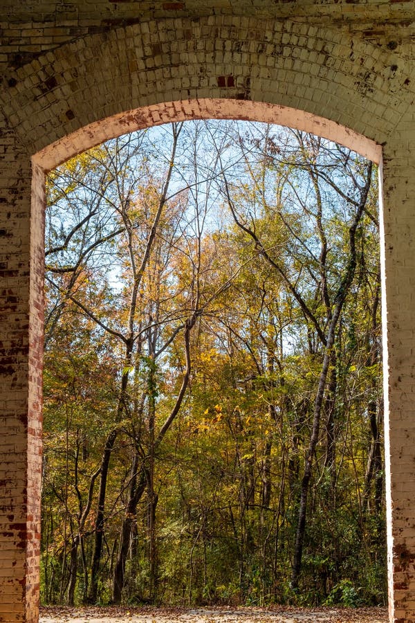 Forest Seen through Arched Brick Window Frame of Abandoned Factory ...