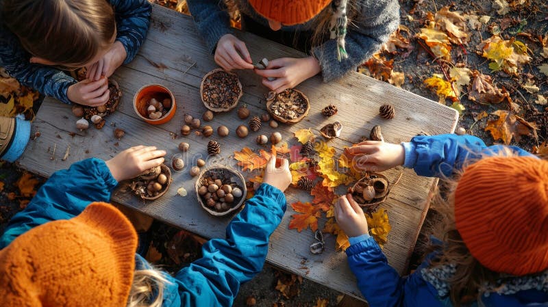 Fall Gathering with Children Making Crafts with Pinecones and Leaves ...