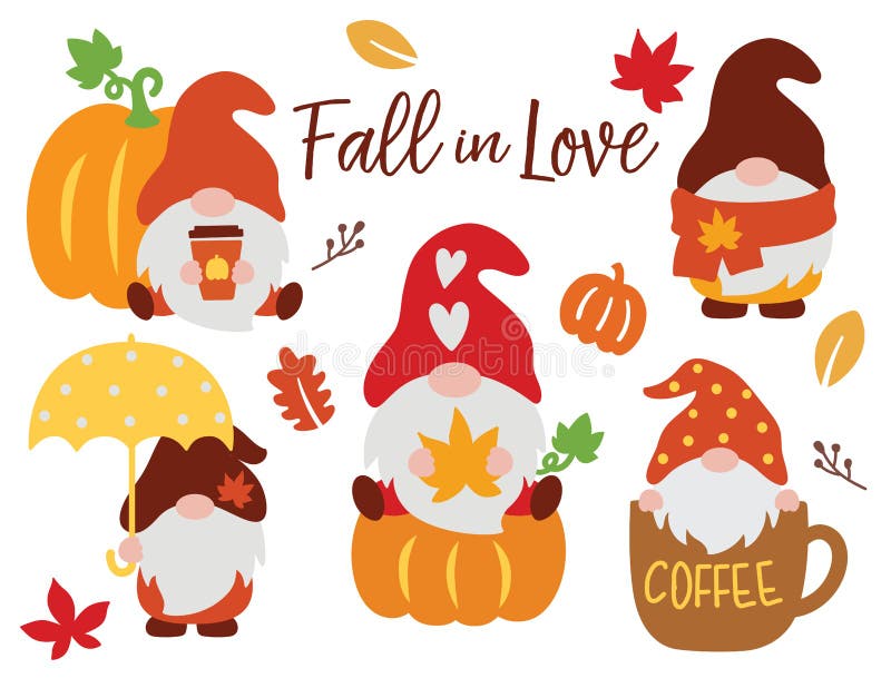 Fall Autumn Gnomes with Pumpkin and Maple Leaves Vector Illustration ...