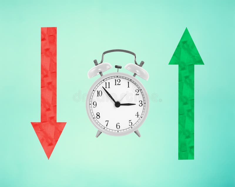 Fall and Growth in Business. Clock, Red Arrow Down, Green Arrow Up ...