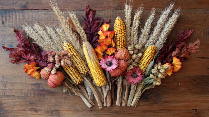 Fall Harvest Arrangement with Corn, Wheat, and Flowers Stock ...