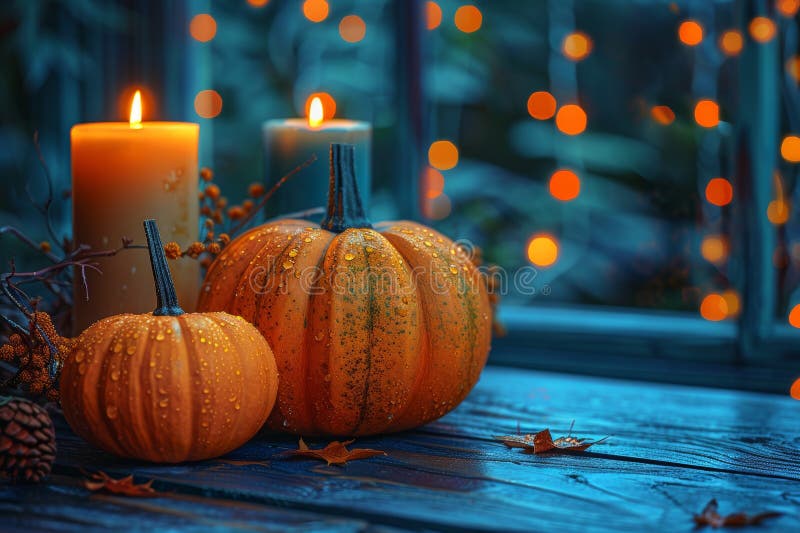 Thanksgiving Pumpkins Rustic Table Candles String Lights Stock Photos ...