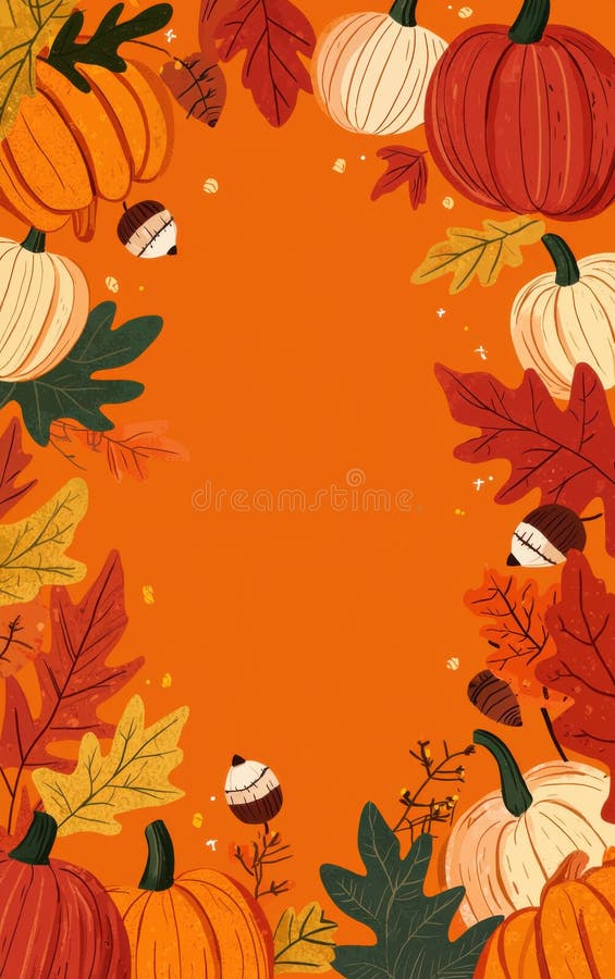 Fall Harvest Frame with Pumpkins and Leaves on Orange Background Stock ...