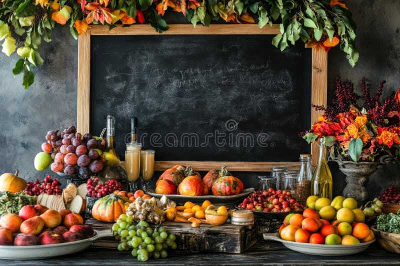 Fall Harvest Still Life with Chalkboard and Fruit Stock Illustration ...