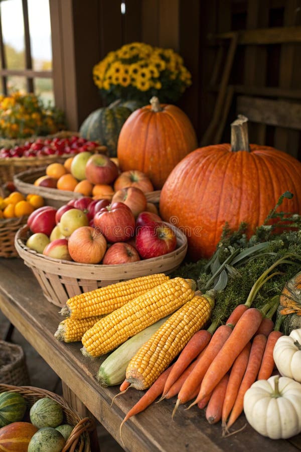 Fall Harvest Vegetables Including Corn and Apples Stock Illustration ...