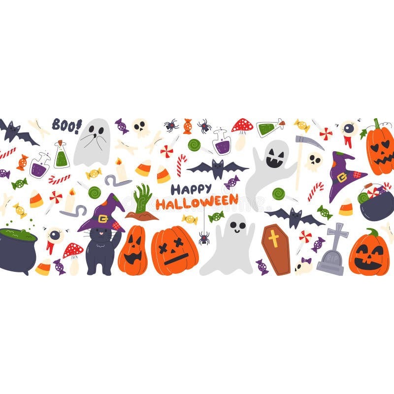 Horizontal Banner with Cute Flat Halloween Symbols Stock Vector ...
