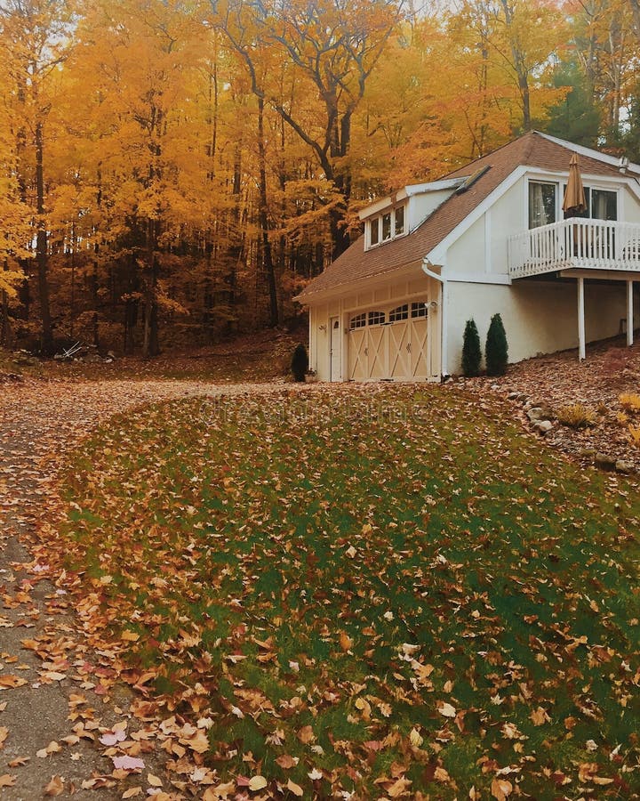 Fall house stock image. Image of fall, hill, woods, leaves - 83204699