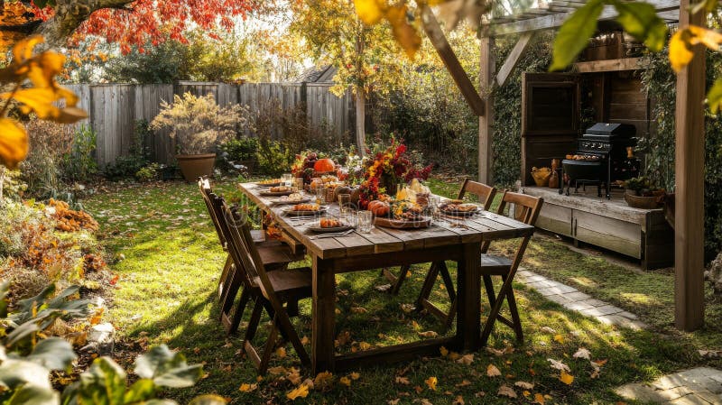 Fall-Inspired Tablescape with Autumnal Decorations in a Backyard Garden ...