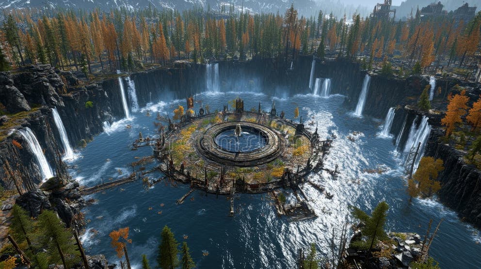 A Fall Landscape with Cascading Waterfalls and Ancient Ruins Stock ...